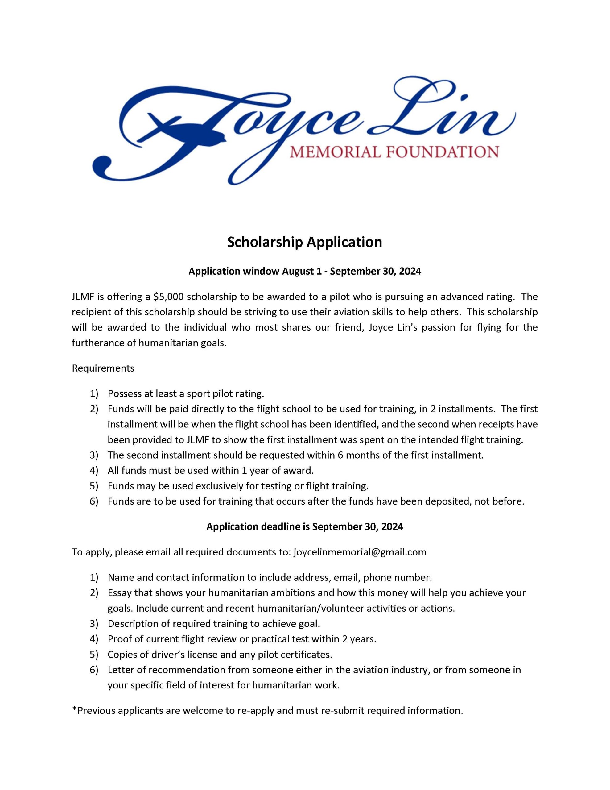 2024 Scholarship Application Open! – Joyce Lin Foundation 2024 Scholarship Application Open! – Joyce Lin Foundation